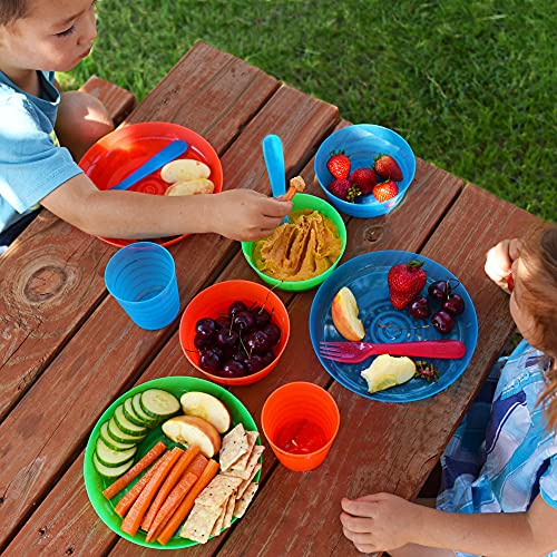 Plastic Dinnerware Set - 8 Piece Cookware Set Include Kids Cups, Plates, Bowls, Flatware Set - Dish Set with Rainbow Colours - Dishwasher and Microwave Safe BPA Free for Kids and Toddler