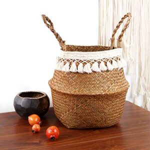 BlueMake Boho Woven Seagrass Belly Basket for Storage Plant Basket or Toy Basket Living Bathroom (Large, Beige)