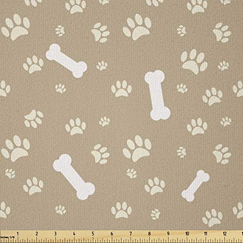 Lunarable Dog Bone Fabric by The Yard, Outdoors Pet Footprint Themed Continuous Silhouette Pattern Digital Image, Stretch Knit Fabric for Clothing Sewing and Arts Crafts, 1 Yard, Tan Beige and White