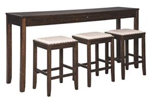 signature design by ashley rokane urban farmhouse counter height dining room table set with 3 bar stools, brown