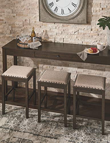 Signature Design by Ashley Rokane Urban Farmhouse Counter Height Dining Room Table Set with 3 Bar Stools, Brown