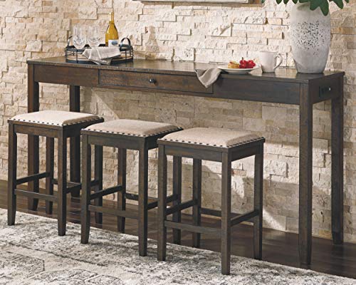 Signature Design by Ashley Rokane Urban Farmhouse Counter Height Dining Room Table Set with 3 Bar Stools, Brown