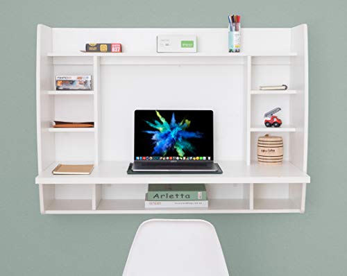 Basicwise Wall Mount Laptop Office Desk with Shelves, White,