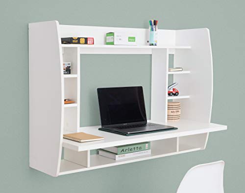 Basicwise Wall Mount Laptop Office Desk with Shelves, White,