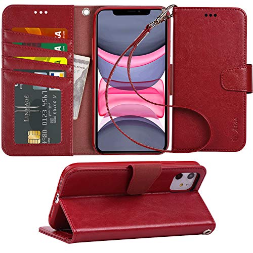 Arae Case for iPhone 11 PU Leather Wallet Case Cover [Stand Feature] with Wrist Strap and [4-Slots] ID&Credit Cards Pocket (Wine Red)