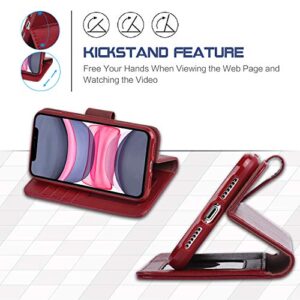 Arae Case for iPhone 11 PU Leather Wallet Case Cover [Stand Feature] with Wrist Strap and [4-Slots] ID&Credit Cards Pocket (Wine Red)