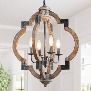 ksana rustic chandelier, farmhouse light fixture in distressed wood finish, orb chandelier for kitchen island, entryway, dining room, bedroom