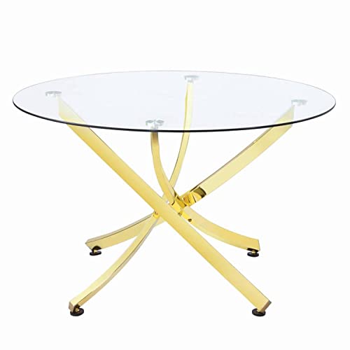 Coaster Furniture Beckham Modern Contemporary Round Dining Table Tempered Glass Top Asterisk Metal Base Polished Brass 108441