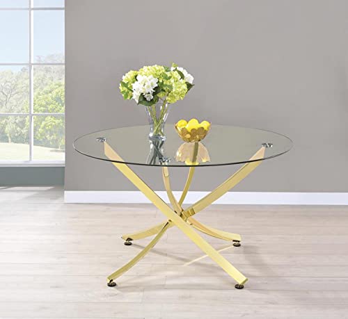 Coaster Furniture Beckham Modern Contemporary Round Dining Table Tempered Glass Top Asterisk Metal Base Polished Brass 108441