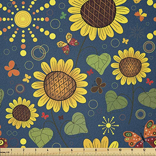 Lunarable Paint Fabric by The Yard, Sunflower Pattern with Colorful Butterflies Sun and Circles Abstract Farming Image, Stretch Knit Fabric for Clothing Sewing and Arts Crafts, 1 Yard, Dark Blue