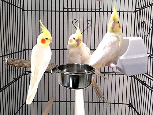 Vehomy Natural Wood Bird Perch with Bird Feeding Cups Bird Stainless Steel Food Water Bowls Dish Feeder for Cockatiel Conure Budgies Parakeet Parrot Bird Platform Stand