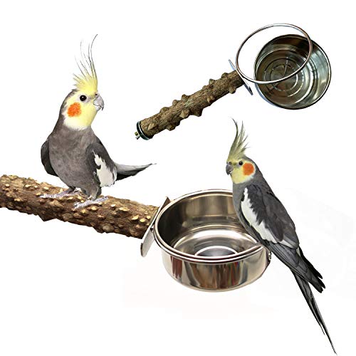 Vehomy Natural Wood Bird Perch with Bird Feeding Cups Bird Stainless Steel Food Water Bowls Dish Feeder for Cockatiel Conure Budgies Parakeet Parrot Bird Platform Stand