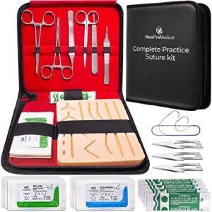 complete sterile suture practice kit for first aid field emergency and medical students training - including large silicone suture pad and sterilized suture tools threads and needles