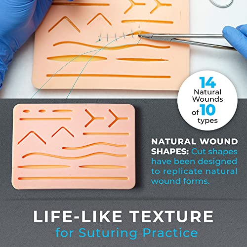 Complete Sterile Suture Practice Kit for First Aid Field Emergency and Medical Students Training - Including Large Silicone Suture Pad and Sterilized Suture Tools Threads and Needles