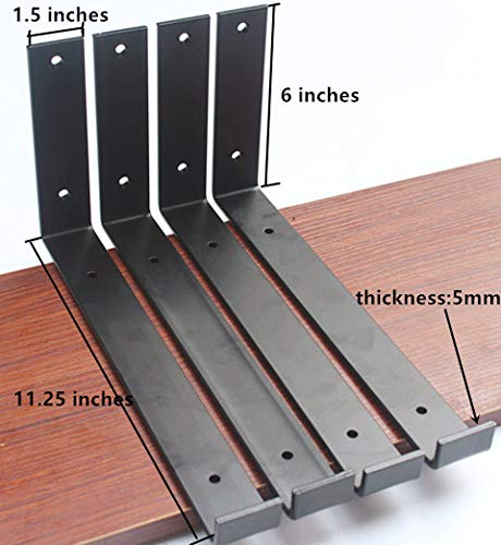 4 Pack - 11.25"L x 6"H x 1.5"W J Lip Shelf Bracket Rustic Industrial Farmhouse Iron Metal Wall Floating Shelf Bracket Metal Shelf Bracket, Industrial Shelf Bracket Shelf Supports with Screws