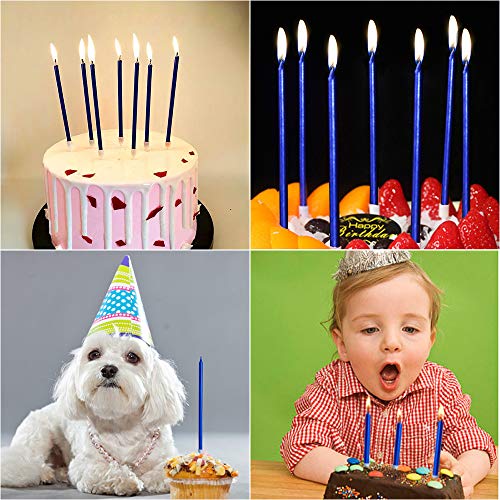 12 Count Long Thin Blue Birthday Cake Candles in Holders for Birthday Wedding Party Cupcake Decorations Tall Candles