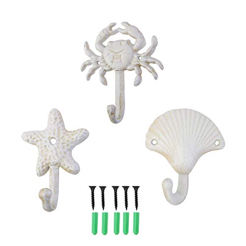 ZILucky Set of 3 Starfish Seashell Crab Cast Iron Decorative Wall Hooks Coats Aprons Hats Towels Hooks Beach Ocean Theme Chic Metal Hooks (White)