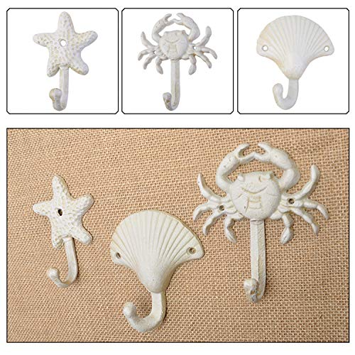 ZILucky Set of 3 Starfish Seashell Crab Cast Iron Decorative Wall Hooks Coats Aprons Hats Towels Hooks Beach Ocean Theme Chic Metal Hooks (White)