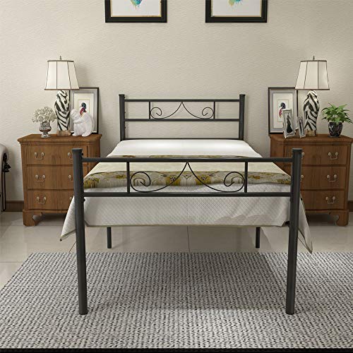 HAAGEEP Twin Bed Frame with Headboard Storage No Box Spring Needed Metal Platform Single Size Bedframe Foundation 18 Inch High