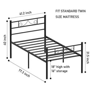 HAAGEEP Twin Bed Frame with Headboard Storage No Box Spring Needed Metal Platform Single Size Bedframe Foundation 18 Inch High