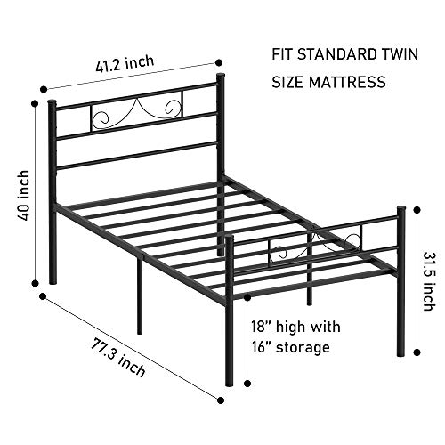 HAAGEEP Twin Bed Frame with Headboard Storage No Box Spring Needed Metal Platform Single Size Bedframe Foundation 18 Inch High