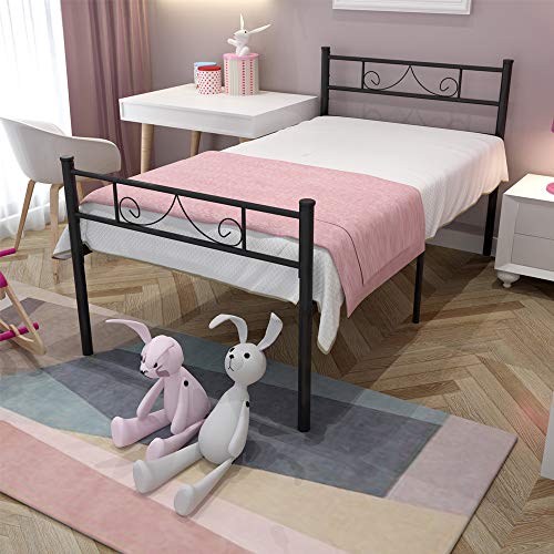 HAAGEEP Twin Bed Frame with Headboard Storage No Box Spring Needed Metal Platform Single Size Bedframe Foundation 18 Inch High