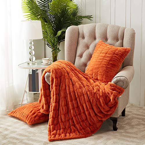 Home Soft Things 3 Piece Shar Pei Faux Fur Throw and Pillow Cover Set Soft Comfy Cozy Plush Throw with 2 Accent Square Pillowcases, Burnt Orange, 50'' x 60''