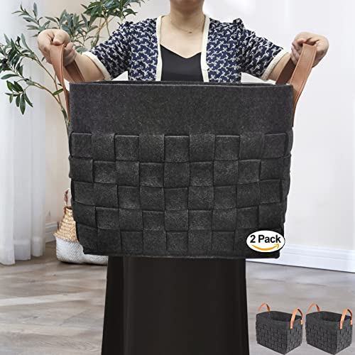 2 Pack Blanket Basket, BOLDMONKEY 15"x13"x11" XXXLarge Felt Laundry Baskets Nursery Storage Living Room Rectangular for Toy, Clothes, Kids, Bedroom(Dark Gray)