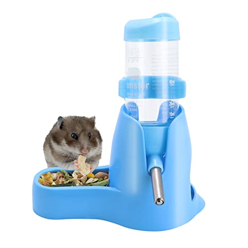 3 in 1 Hamster Hanging Water Bottle Pet Auto Dispenser with Base for Dwarf Hamster Mouse Rat Hedgehog (80ML, Blue)