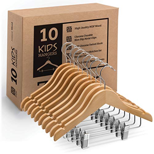 High-Grade Wooden Childrens/Kids Hangers with Clips (10 Pack) Smooth & Durable Wood Baby Hangers/Nursery Hangers - 12.5 Inch - 360° Hook & Cut Notches- Great Toddler Hanger for Dress Skirts Pants