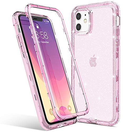 ULAK Compatible with iPhone 11 Case Clear Glitter, Hybrid 3 in 1 Shockproof Protective Phone Case Designed for Women Girls, Heavy Duty Bumper Cover for iPhone 11 6.1 inch, Pink Glitter