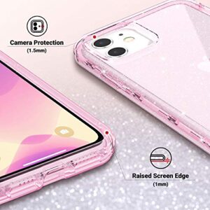 ULAK Compatible with iPhone 11 Case Clear Glitter, Hybrid 3 in 1 Shockproof Protective Phone Case Designed for Women Girls, Heavy Duty Bumper Cover for iPhone 11 6.1 inch, Pink Glitter