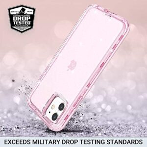 ULAK Compatible with iPhone 11 Case Clear Glitter, Hybrid 3 in 1 Shockproof Protective Phone Case Designed for Women Girls, Heavy Duty Bumper Cover for iPhone 11 6.1 inch, Pink Glitter