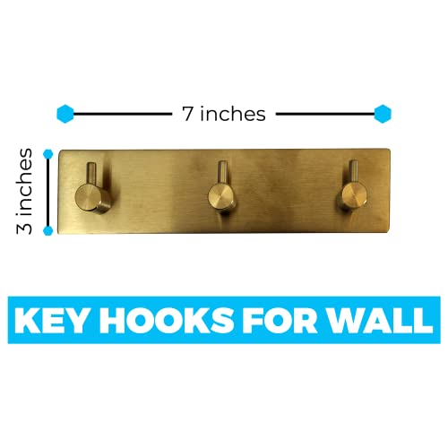 Key Hooks for Wall, Key Holder for Wall Decorative with 3 Key Hooks, Coat Hanger, Purse Hanger, Towel Hook, Easy Mount Key Hangers for Wall, Entryway, Bathroom, Living Room, Kitchen (Gold Finish)