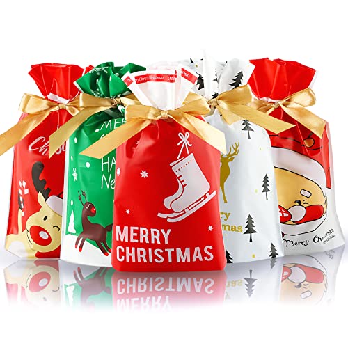 DLY 50 Pcs Christmas candy bag Christmas treat bags Candy Goodies Plastic Drawstring Gift Bags Merry Christmas Treat Bags for Birthday Party Snack Wrapping Wedding Gift Party Favor Merry X-mas