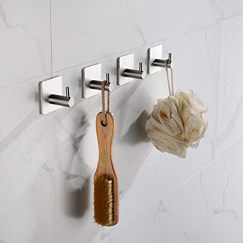 OUKALU Self-adhesive Towel Hooks Wall Hooks Hangers Anti-Skid Heavy-duty Waterproof Stainless Steel Hook for Hanging Kitchen Robe Bathroom Towel Home Stick on Wall (4 Packs)