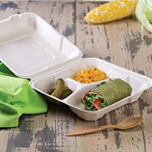 100% Compostable Clamshell Take Out Food Containers [8X8" 3-Compartment 50-Pack] Heavy-Duty Quality to go Containers, Natural Disposable Bagasse, Eco-Friendly Biodegradable Made of Sugar Cane Fibers