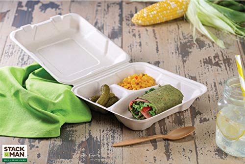 100% Compostable Clamshell Take Out Food Containers [8X8" 3-Compartment 50-Pack] Heavy-Duty Quality to go Containers, Natural Disposable Bagasse, Eco-Friendly Biodegradable Made of Sugar Cane Fibers