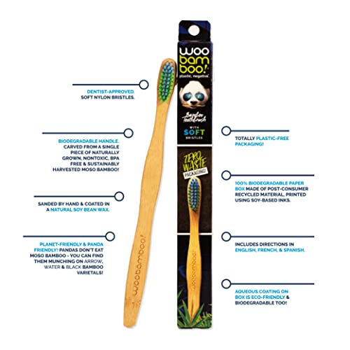 Woobamboo Bamboo Toothbrush - Adult - Soft Bristle - BPA Free Nylon Bristles - Eco-Friendly, Biodegradable, Compostable, Vegan