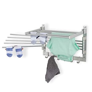 brightmaison bgt wash clothes drying rack wall mount laundry room organizer with hooks & swing arms, 17" metal laundry rack silver