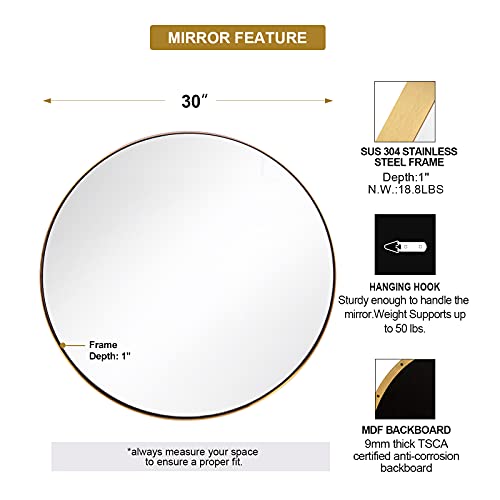 ANDY STAR Round Gold Mirror, 30'' Brass Mirror with Brushed Gold Frame, Wall Mounted Stainless Steel Metal Frame Round Mirror for Bathroom, Living Room, Bedroom