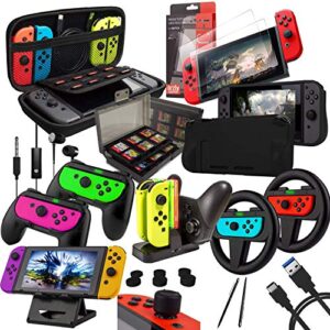 orzly accessory bundle kit designed for nintendo switch accessories geeks and oled console users case and screen protector, joycon grips and wheels for enhanced games play and more - jet black