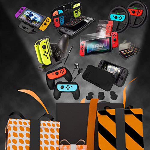 Orzly Accessory Bundle Kit designed for Nintendo switch Accessories Geeks and Oled console users Case and Screen protector, Joycon grips and Wheels for enhanced games play and more - Jet black