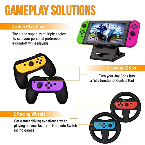 Orzly Accessory Bundle Kit designed for Nintendo switch Accessories Geeks and Oled console users Case and Screen protector, Joycon grips and Wheels for enhanced games play and more - Jet black