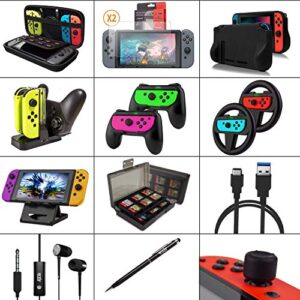 Orzly Accessory Bundle Kit designed for Nintendo switch Accessories Geeks and Oled console users Case and Screen protector, Joycon grips and Wheels for enhanced games play and more - Jet black