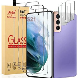 iAnder 3 Pack Glass Screen Protector for Galaxy S21, 3 Pack Camera Lens Protector with Easy Installation Tray, Supports Fingerprint Sensor, HD Retina Clarity, Case Friendly