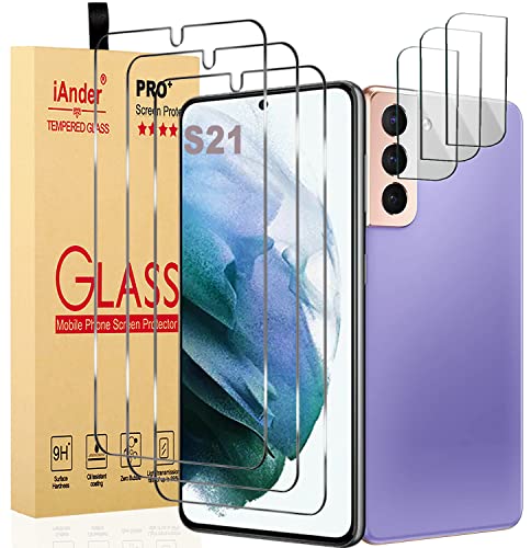 iAnder 3 Pack Glass Screen Protector for Galaxy S21, 3 Pack Camera Lens Protector with Easy Installation Tray, Supports Fingerprint Sensor, HD Retina Clarity, Case Friendly