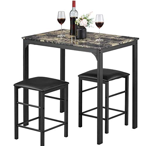 Payhere Modern Dining Kitchen Table -3 Piece Dining Set Faux Marble Rectangular Dining Table with Two Stools for Home or Hotel Dining Room, Kitchen or Bar Dark Brown