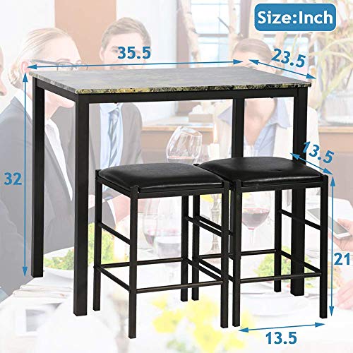 Payhere Modern Dining Kitchen Table -3 Piece Dining Set Faux Marble Rectangular Dining Table with Two Stools for Home or Hotel Dining Room, Kitchen or Bar Dark Brown