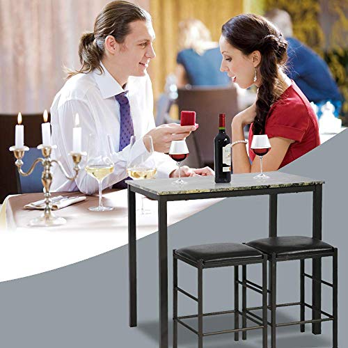 Payhere Modern Dining Kitchen Table -3 Piece Dining Set Faux Marble Rectangular Dining Table with Two Stools for Home or Hotel Dining Room, Kitchen or Bar Dark Brown